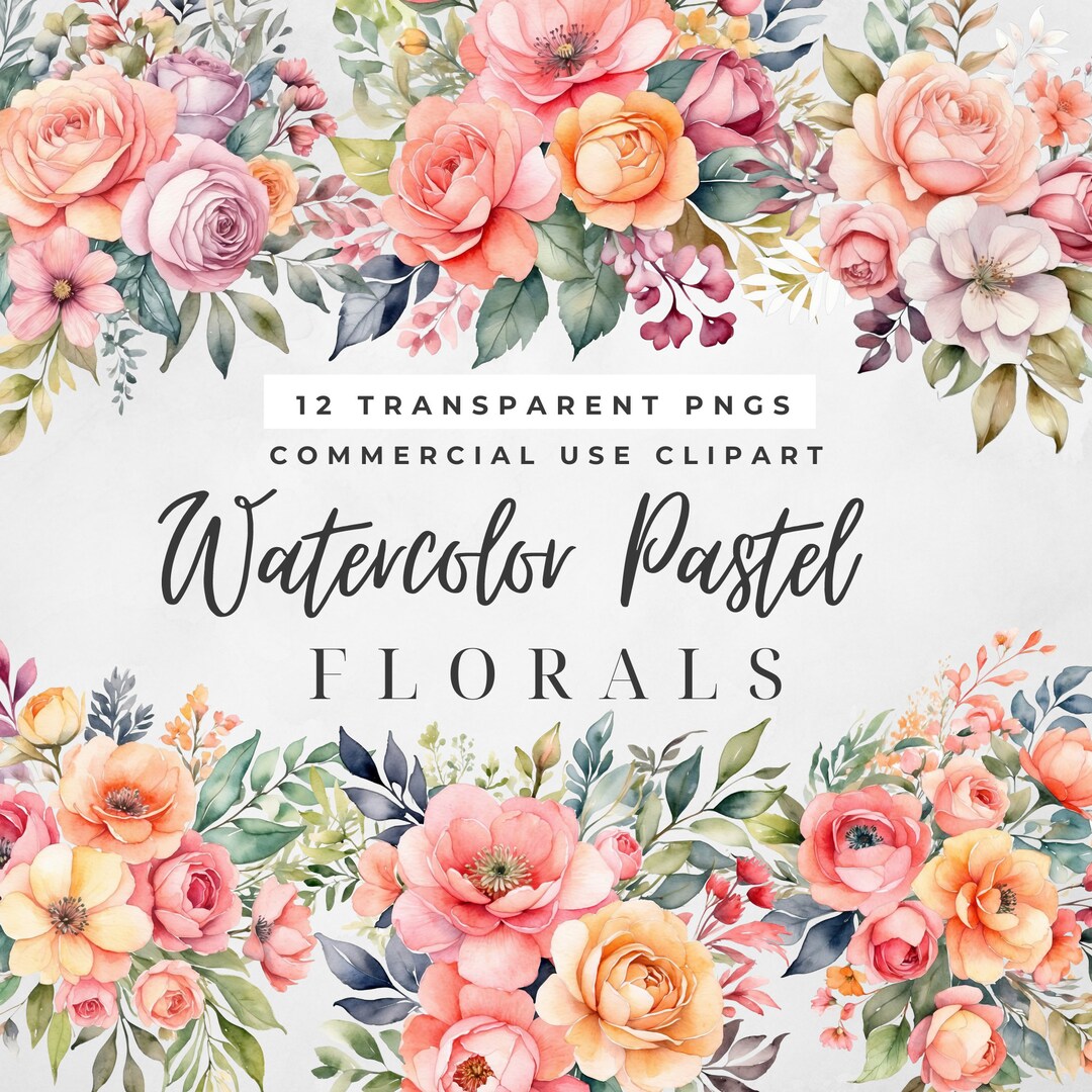 Pastel Floral Watercolor Clip Art Bundle Pack, Clipart for Commercial ...