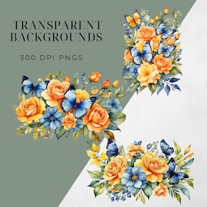 Blue Orange Yellow Watercolor Floral Flowers Botanicals Greenery Clip ...