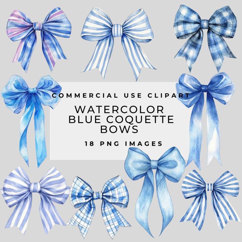 Blue Watercolor Bows Clip Art: Coquette Preppy PNG Bundle (digital ...