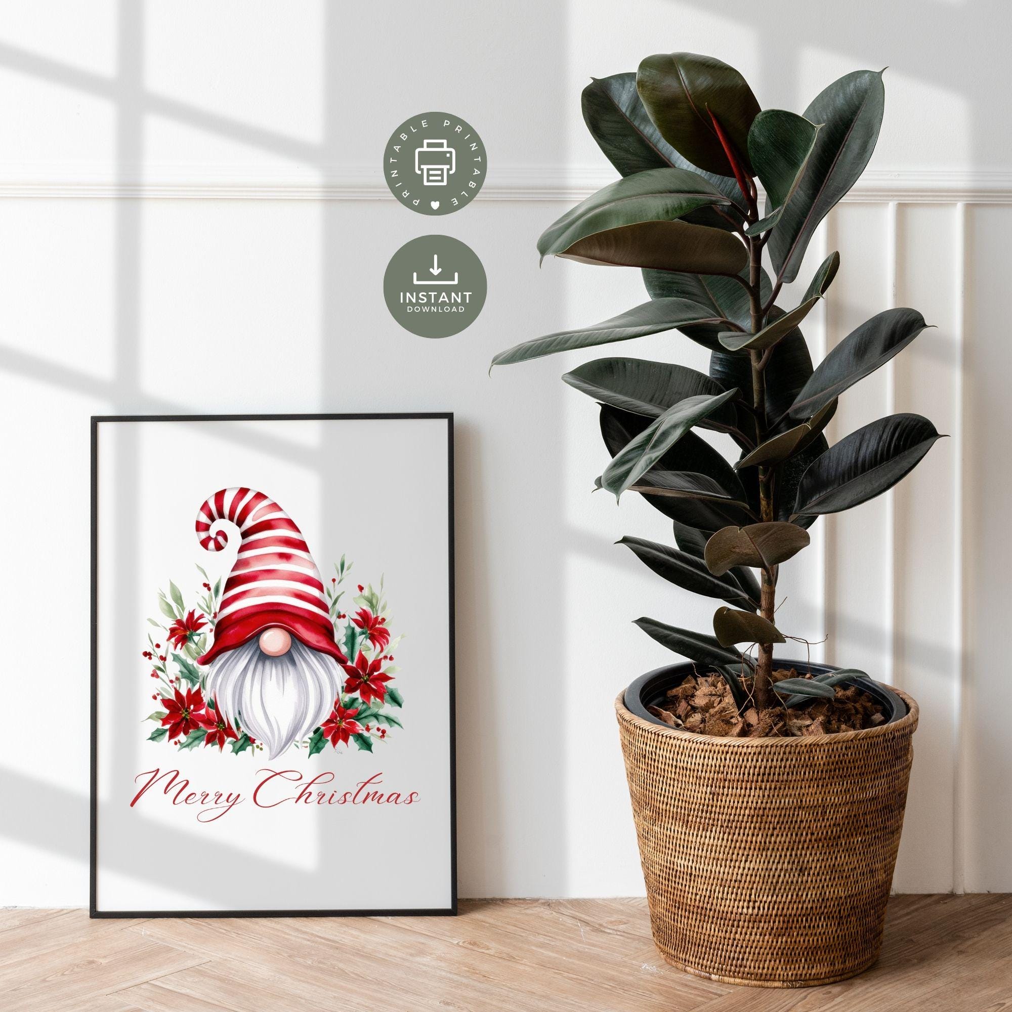 Christmas Gnome Print: Red Poinsettia Holiday Wall Art (digital ...