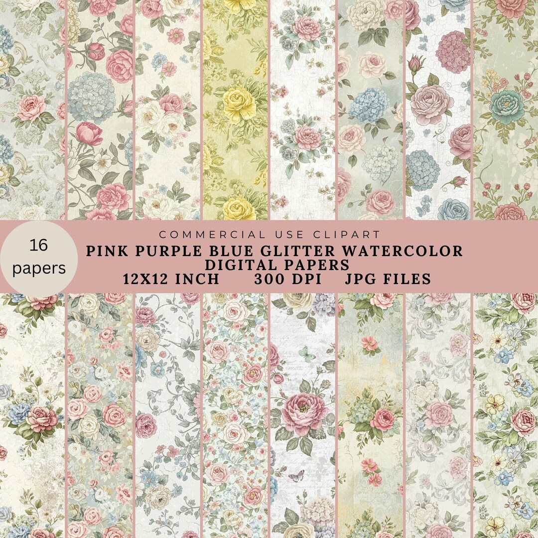Shabby Chic Floral Digital Paper Pack: Watercolor Scrapbook Patterns ...