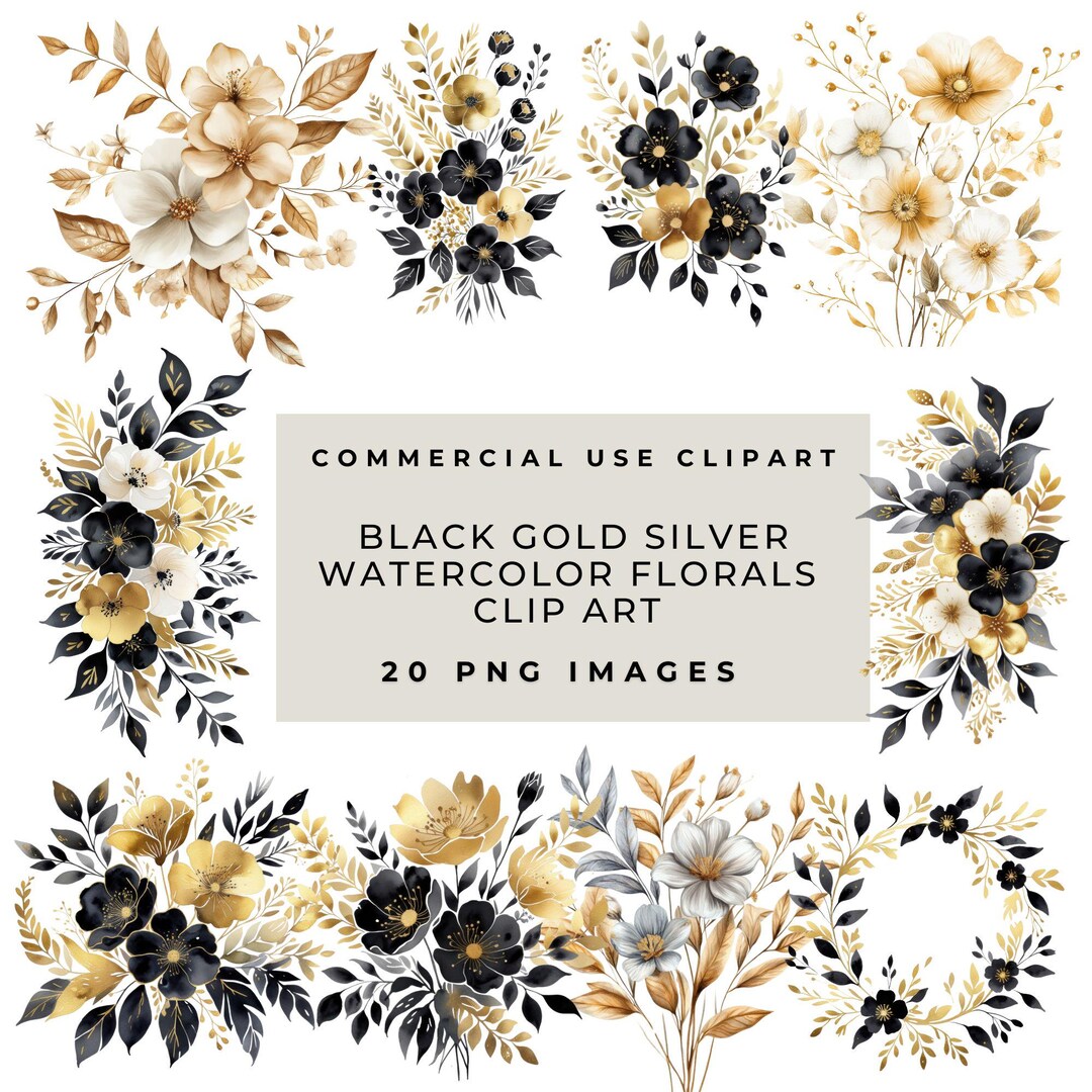 Gold Black Silver Floral Clip Art Pack Bundle, Elegant Watercolor ...
