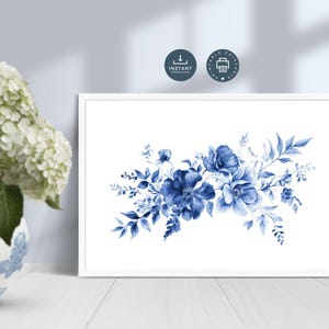 Blue Toile Floral Wall Art Watercolor Flowers, Digital Printable ...