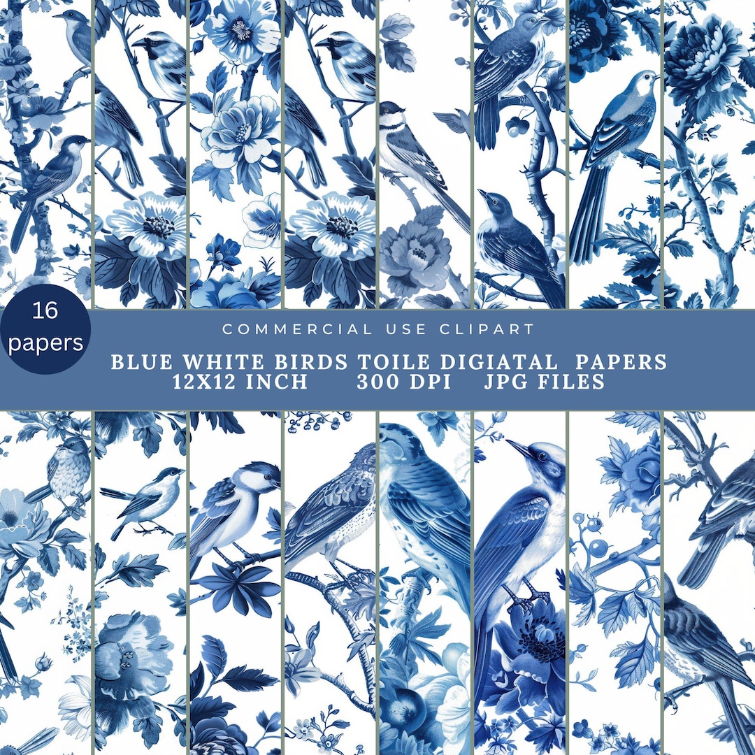 Blue Toile Birds Digital Paper: Floral Scrapbook Pages (JPG, 12x12 In ...
