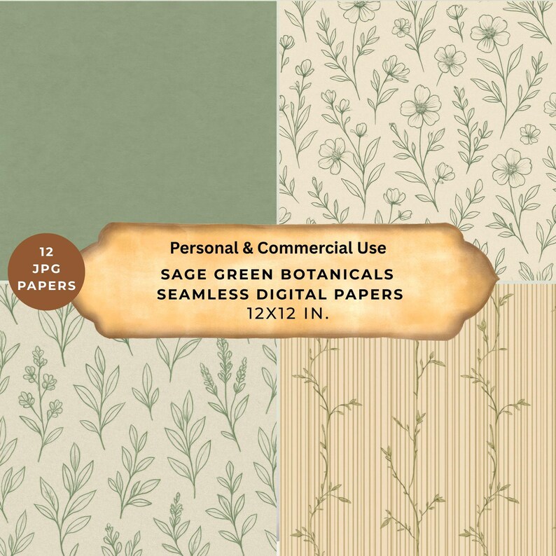 Sage Green Botanical Paper Pack: 12x12 Seamless Scrapbook Junk Journal ...