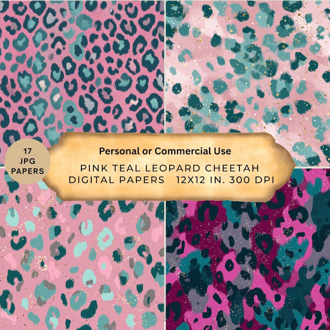 Pink Teal Leopard Print Digital Paper: Seamless Cheetah Pattern (JPG ...