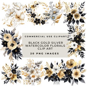 Gold Black Silver Floral Clip Art Pack Bundle, Elegant Watercolor ...