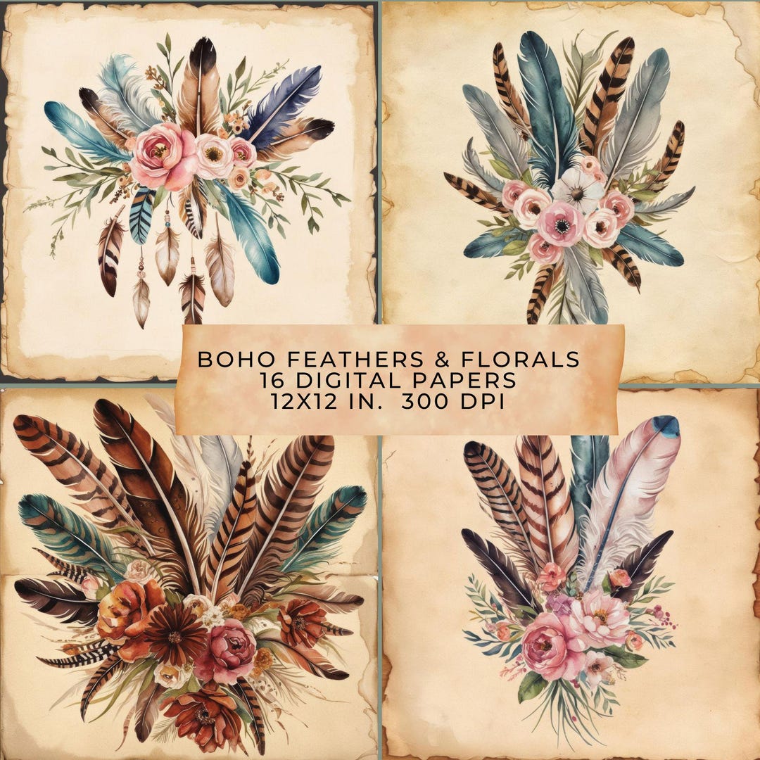 Boho Bohemian Feathers Digital Printable Papers, Antique Vintage ...