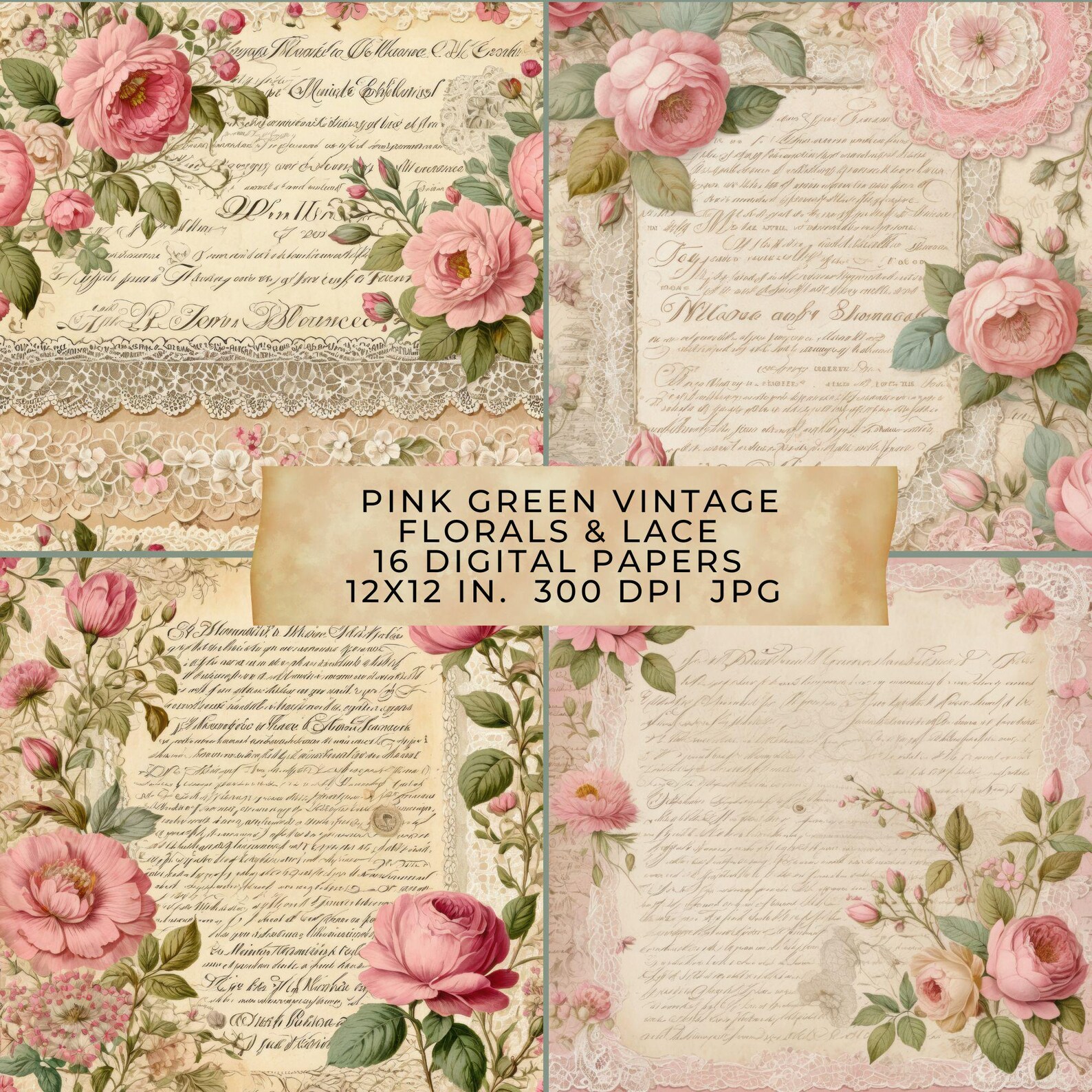 Pink Green Floral Lace Digital Paper Pack: Vintage Scrapbook (JPG) - Etsy