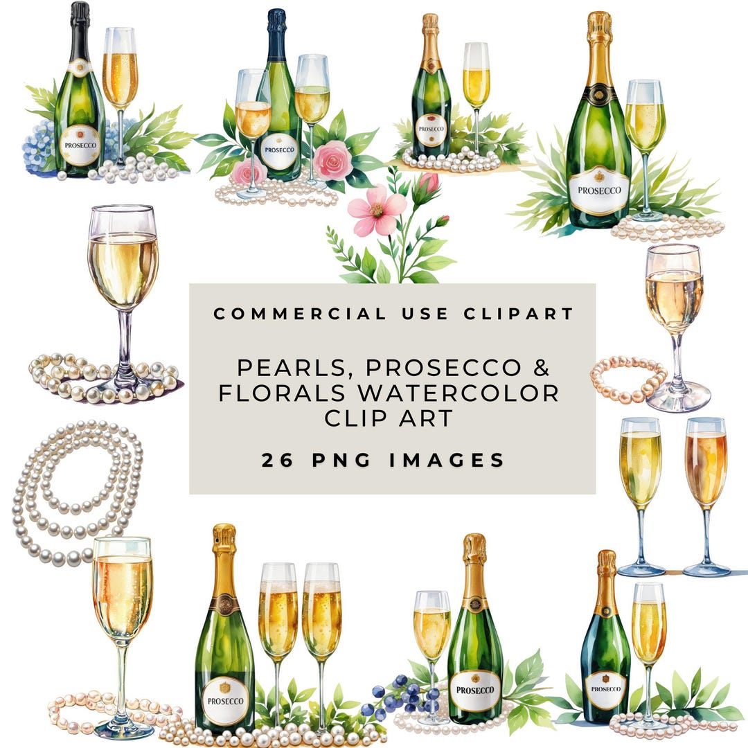 Pearls & Prosecco Watercolor Clipart: Pink Florals, Champagne (PNG ...