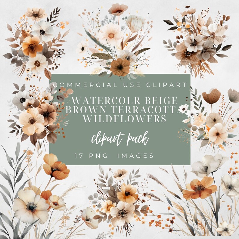 Brown Beige Terracotta Boho Floral Clip Art Bundle Pack, 17 Transparent ...