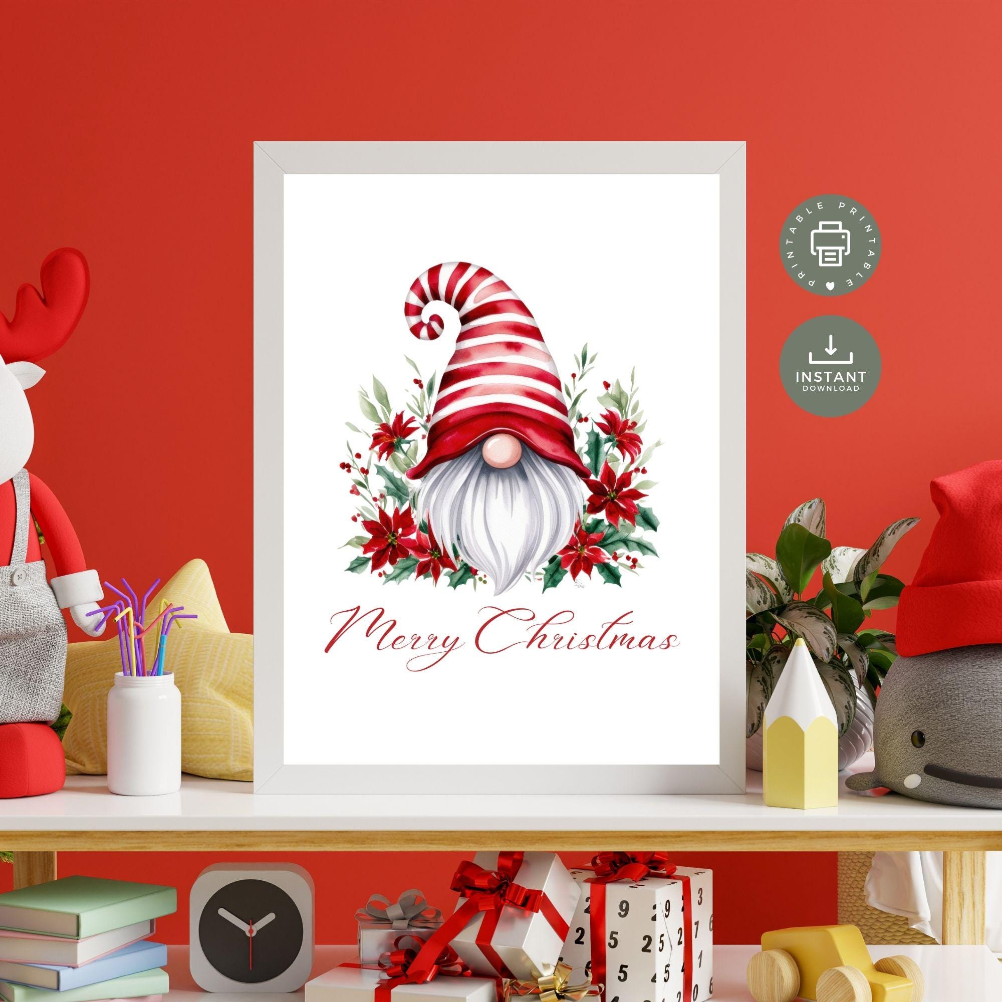 Christmas Gnome Print: Red Poinsettia Holiday Wall Art (digital ...