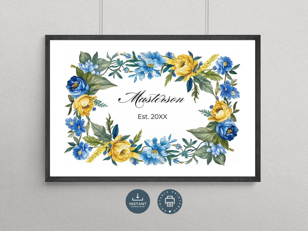 Family Name Script Monogram Wedding Date Blue Yellow Floral Wall Art ...