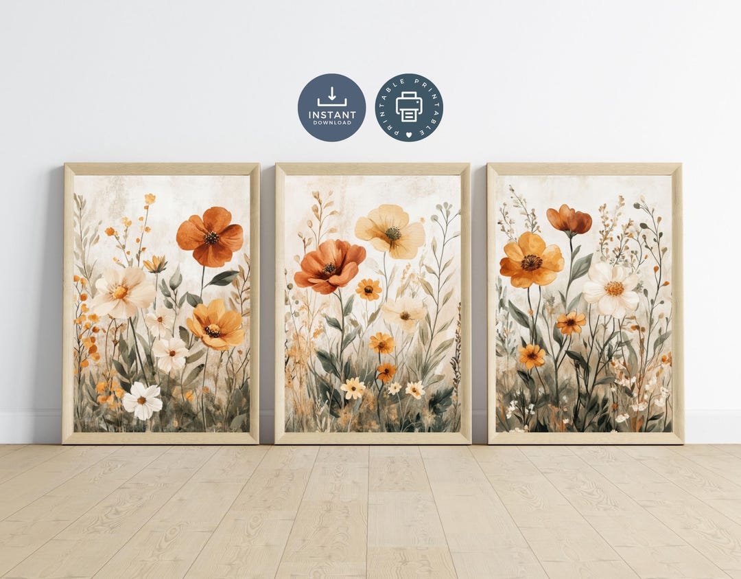 Boho Wildflower Watercolor Print Set: Orange Beige Terracotta Gallery ...