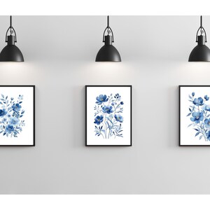 French Blue Watercolor Floral Print Set: Minimalist Botanical Wall Art ...