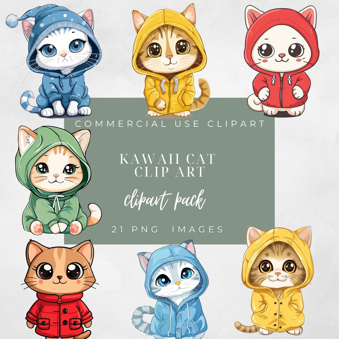 Cute Kawaii Cat Clip Art Pack Bundle, 20 Transparent Png's, Commercial ...
