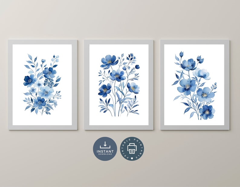 French Blue Watercolor Floral Print Set: Minimalist Botanical Wall Art ...