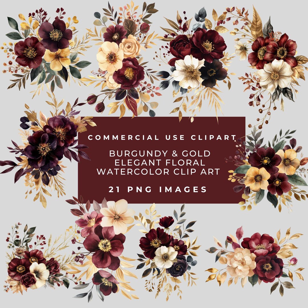 Burgundy Gold Watercolor Floral Clip Art: Wedding Invitation Graphics ...