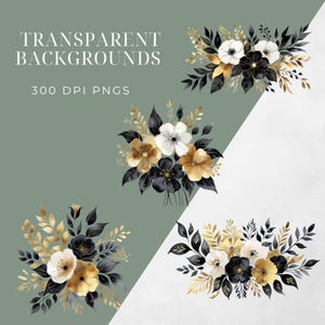 Gold Black Silver Floral Clip Art Pack Bundle, Elegant Watercolor ...