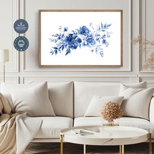 Blue Toile Floral Wall Art Watercolor Flowers, Digital Printable ...