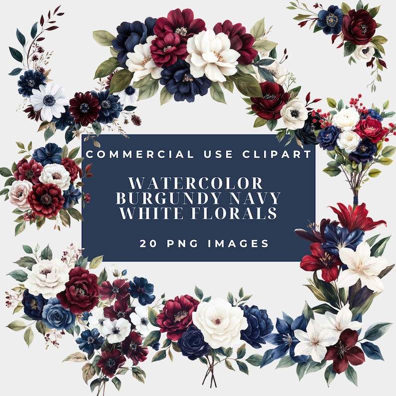 Burgundy Navy Blue White Floral Flowers Clip Art Pack Bundle ...