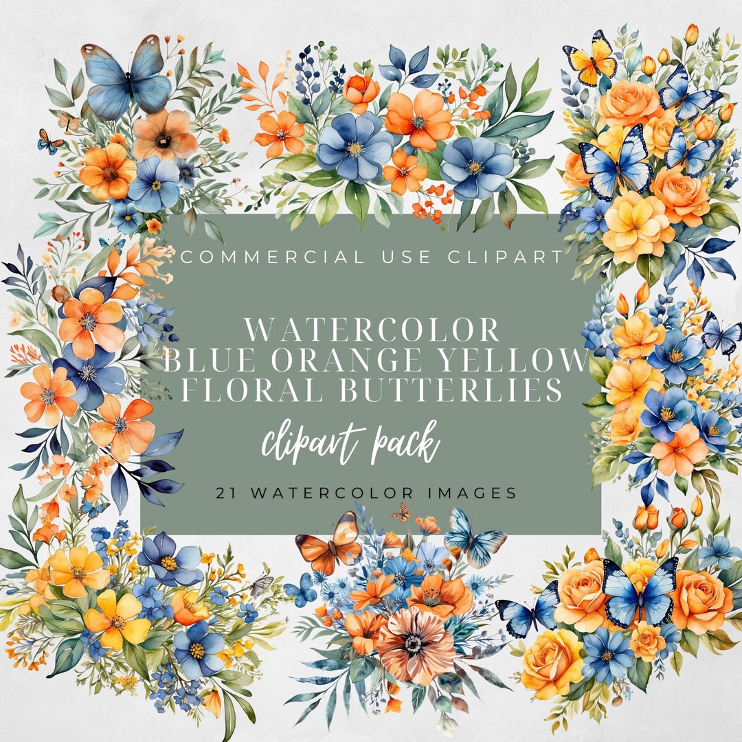 Blue Orange Yellow Watercolor Floral Flowers Botanicals Greenery Clip ...