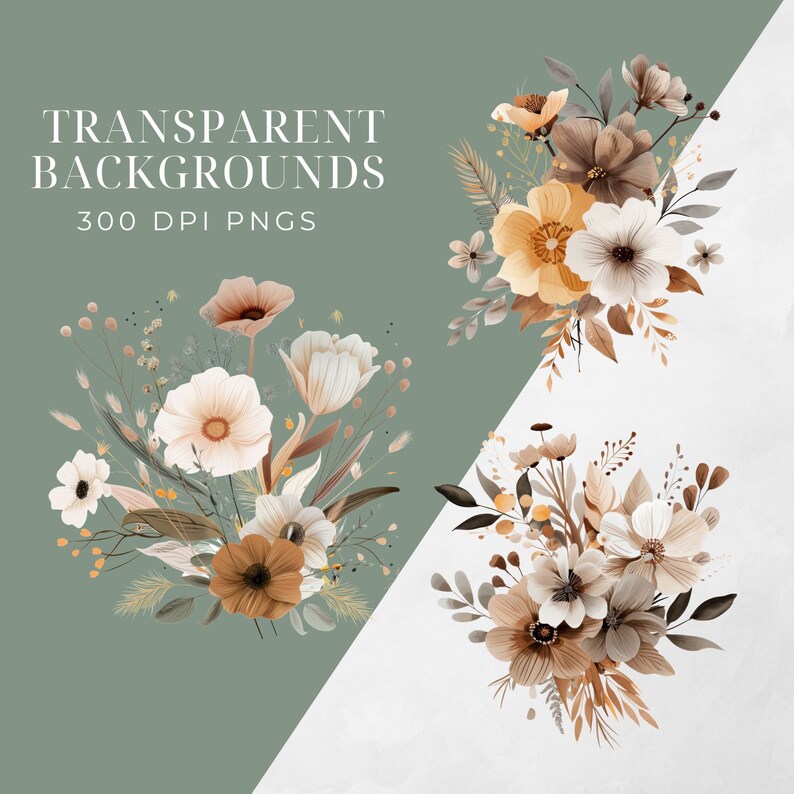 Brown Beige Terracotta Boho Floral Clip Art Bundle Pack, 17 Transparent ...