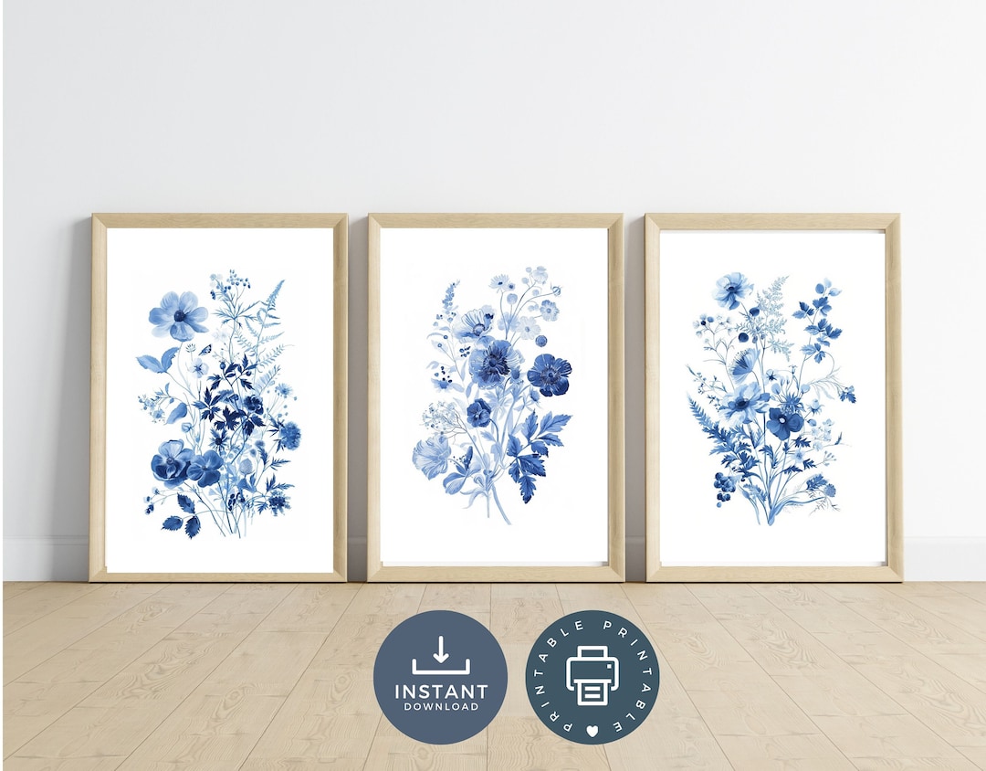French Blue Floral Toile Prints: Vintage Watercolor Wall Art (set of 3 ...