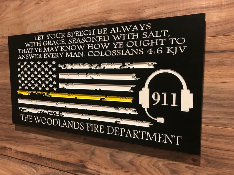 Personalized 911 Dispatcher Sign: Rustic Thin Yellow Line American Flag ...