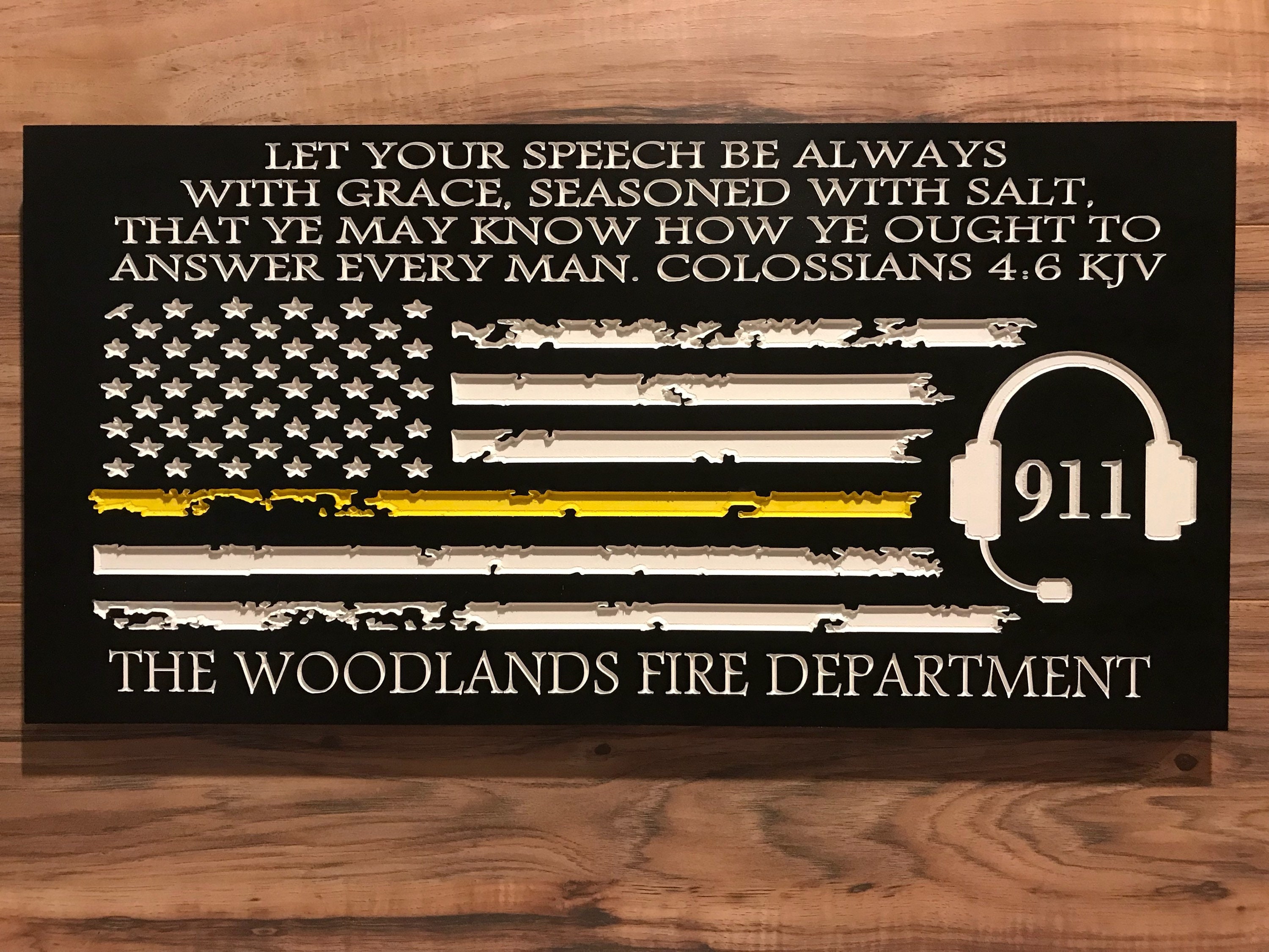Personalized 911 Dispatcher Sign: Rustic Thin Yellow Line American Flag ...