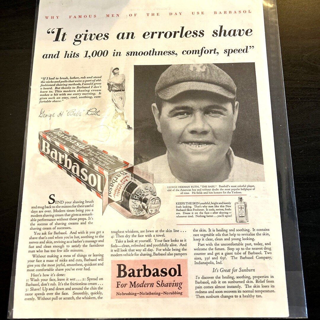 Babe Ruth, barbasol 1929 Original Ad Collectible Sporting Ad Cooliers ...