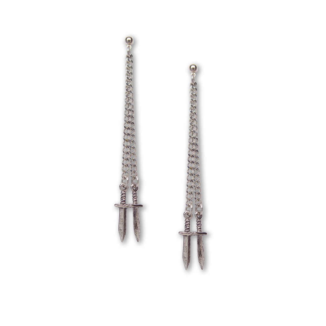 Double Chain Hanging Daggers Earrings Silver Finish Pewter Gothic ...