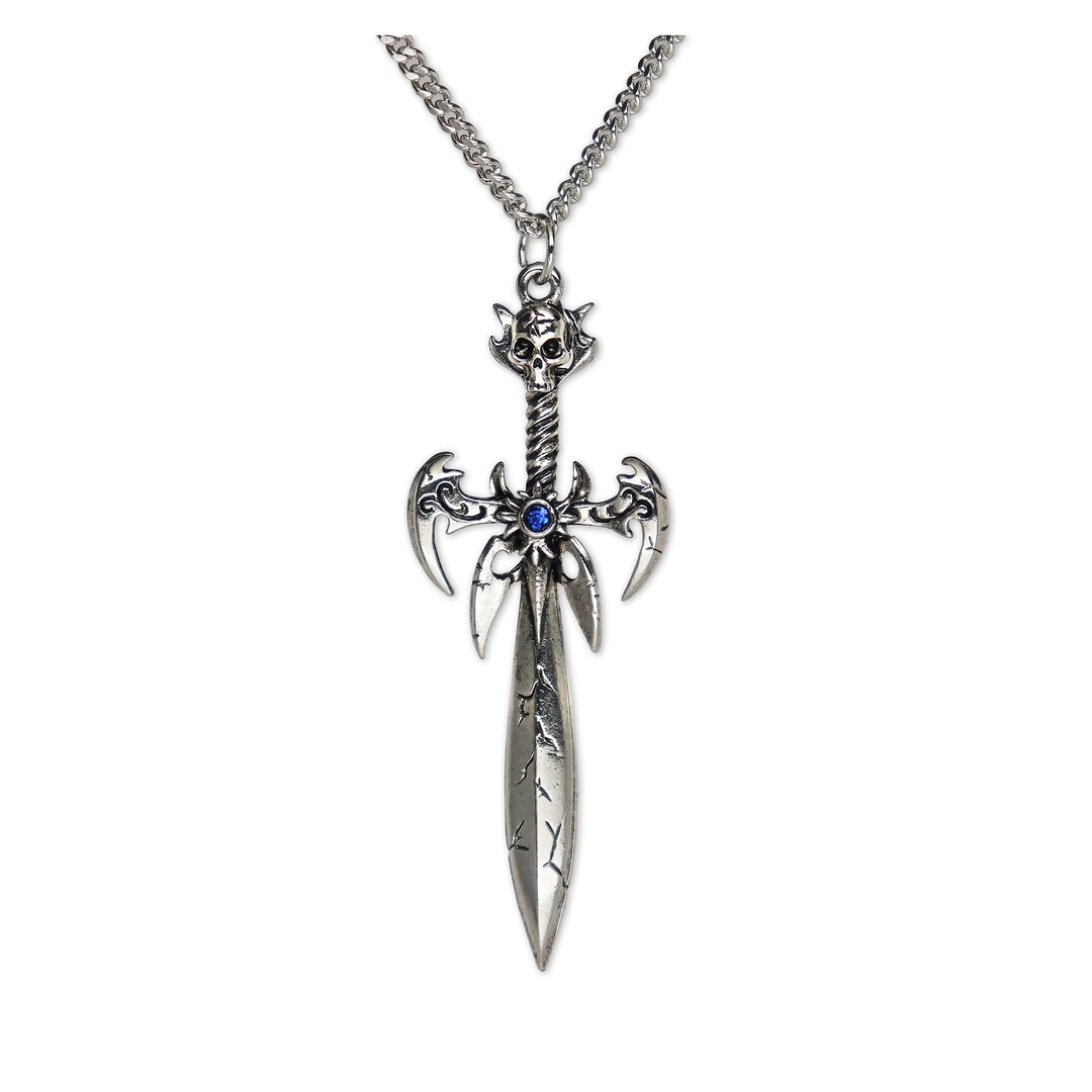 Etched Sword and Skull With Blue Crystal Silver Finish Pewter Pendant ...