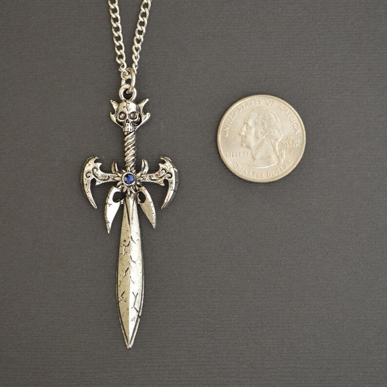 Etched Sword and Skull With Blue Crystal Silver Finish Pewter Pendant ...