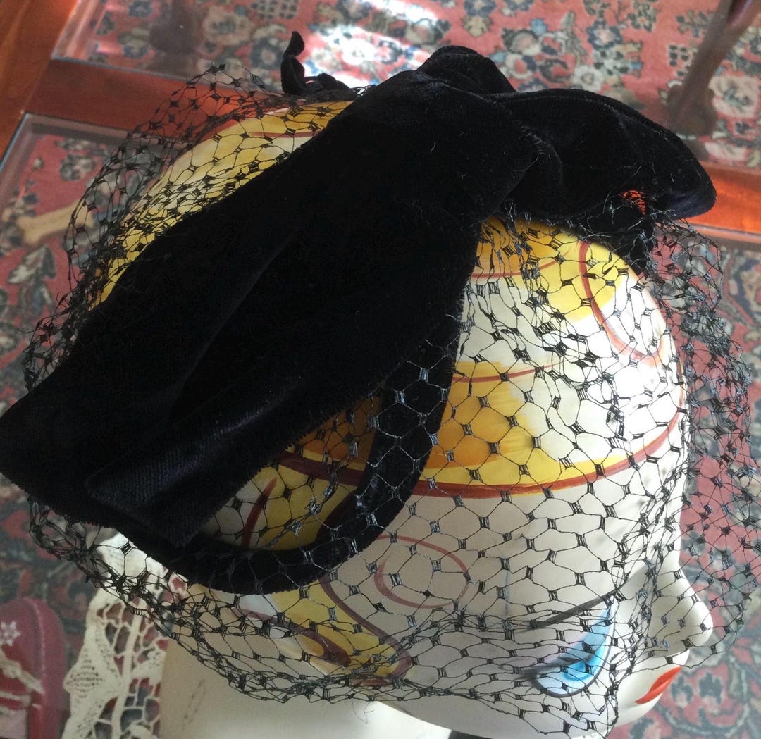 Black Velvet Bow Bandeau With Fancy Net Hat - Etsy