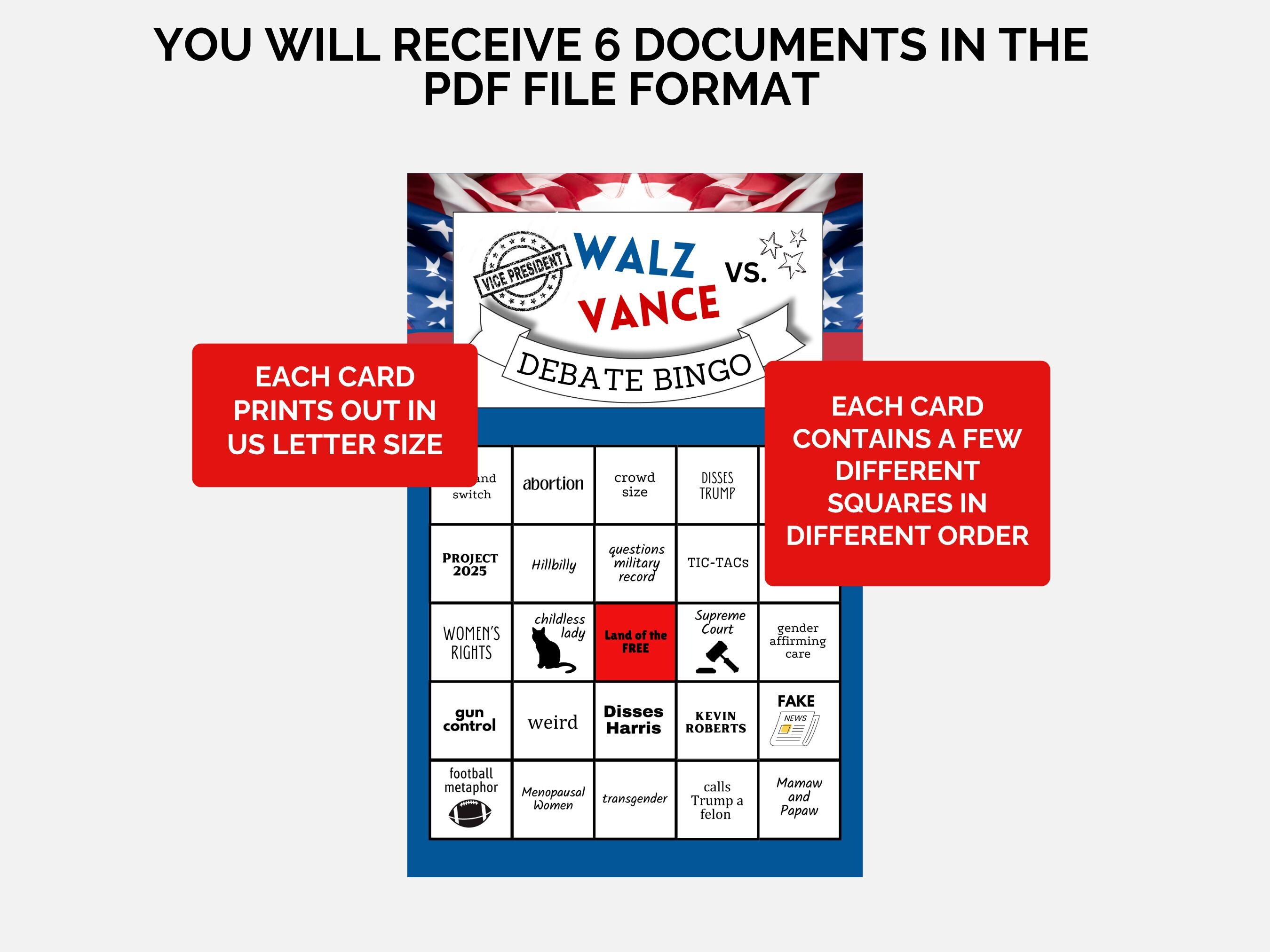 Vice Presidential Debate 2024 Bingo Game Cards Walz Vs. Vance - Etsy
