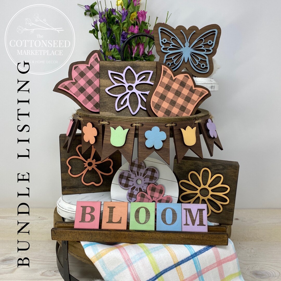 Mini Spring Bundle Decor. Tiered Tray Flower Sign. Bloom Scrabble Tiles ...