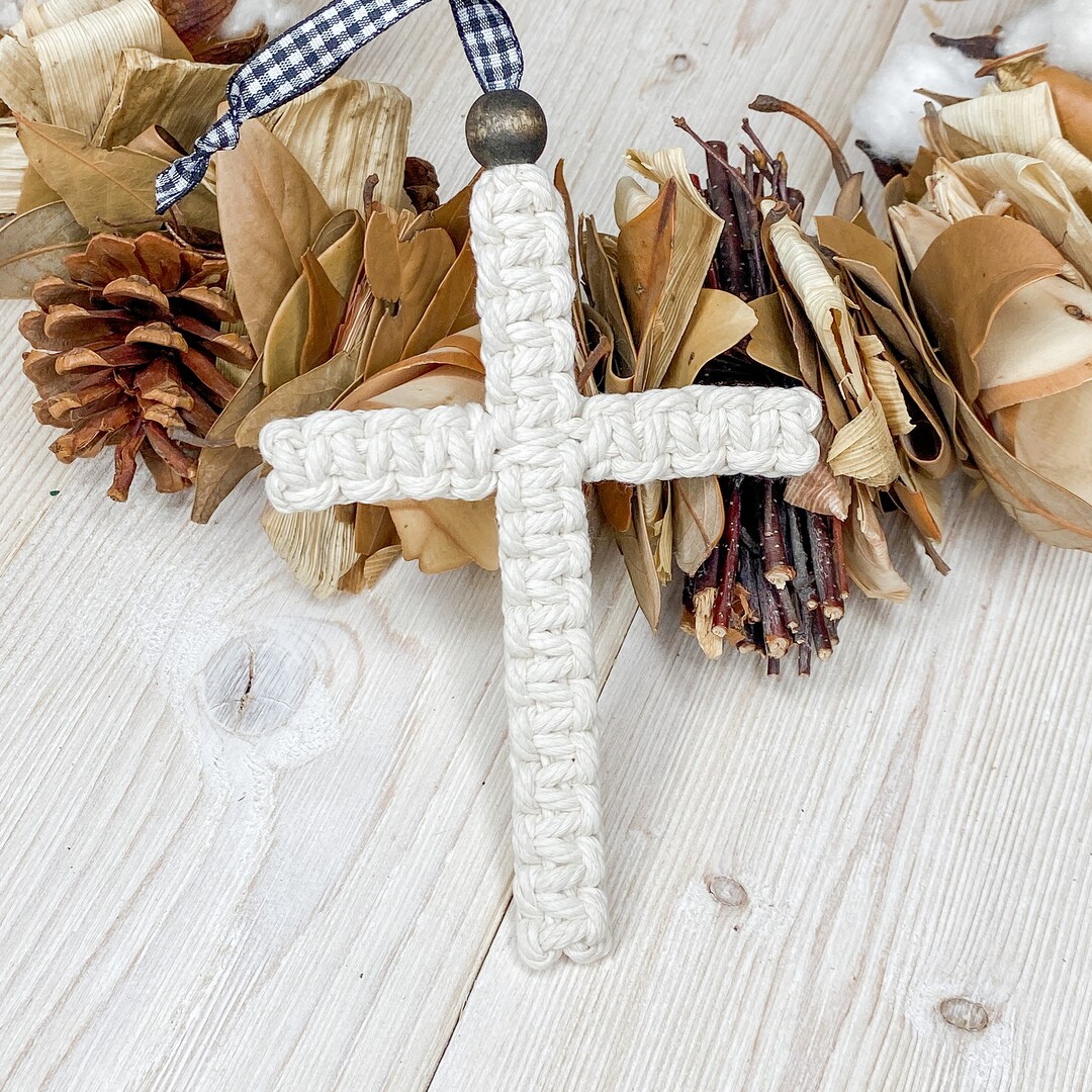 Macramé Cross Ornament With Wood Bead. Christian Cross. Macramé ...
