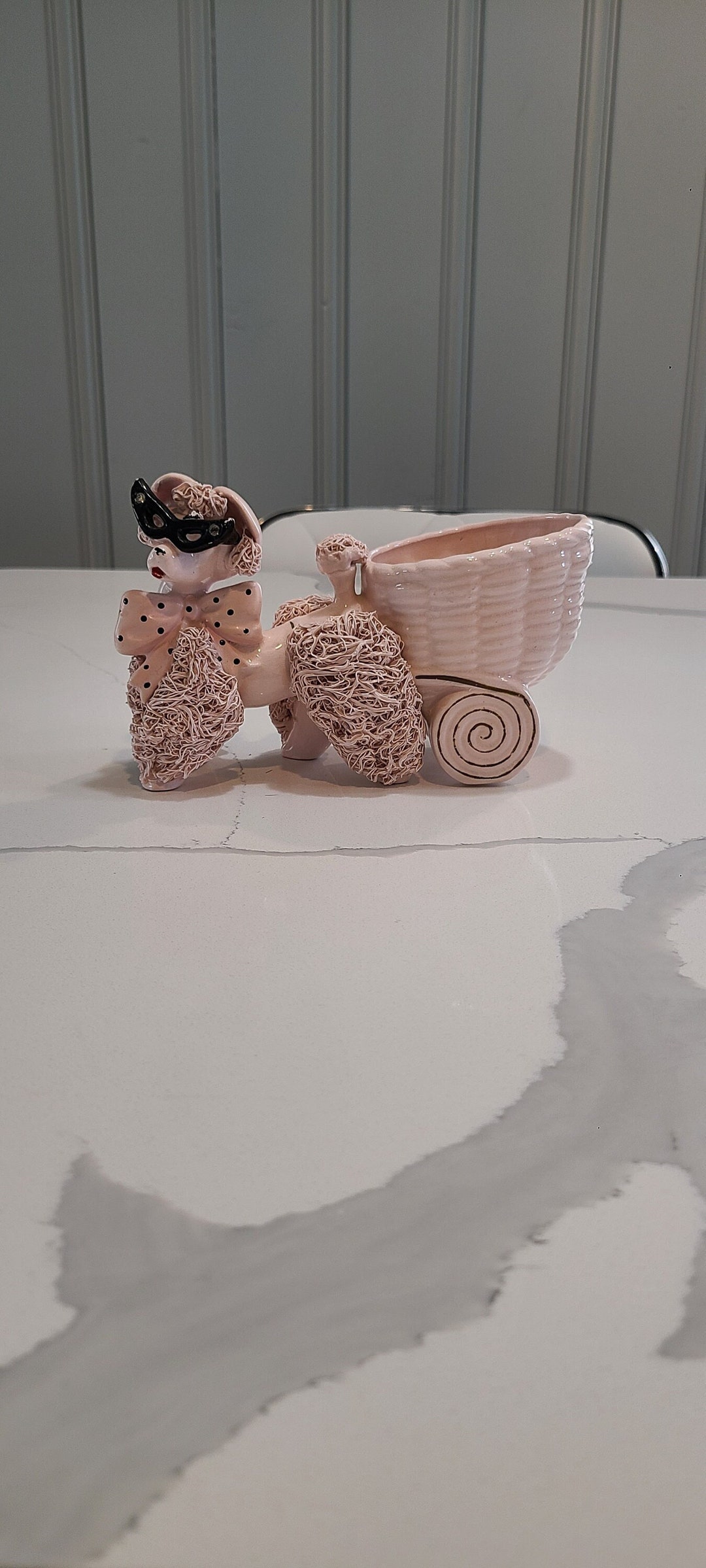 Vintage Mid Century Pink Poodle Figurine With Cart and Black Glasses ...