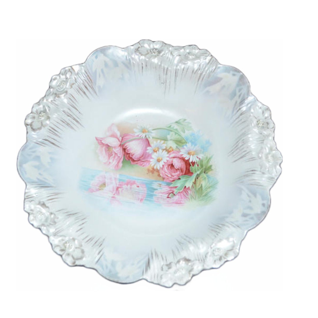 RS Prussia Porcelain Bowl: Pearl Luster Poppies & Daisies, Icicle Mold ...
