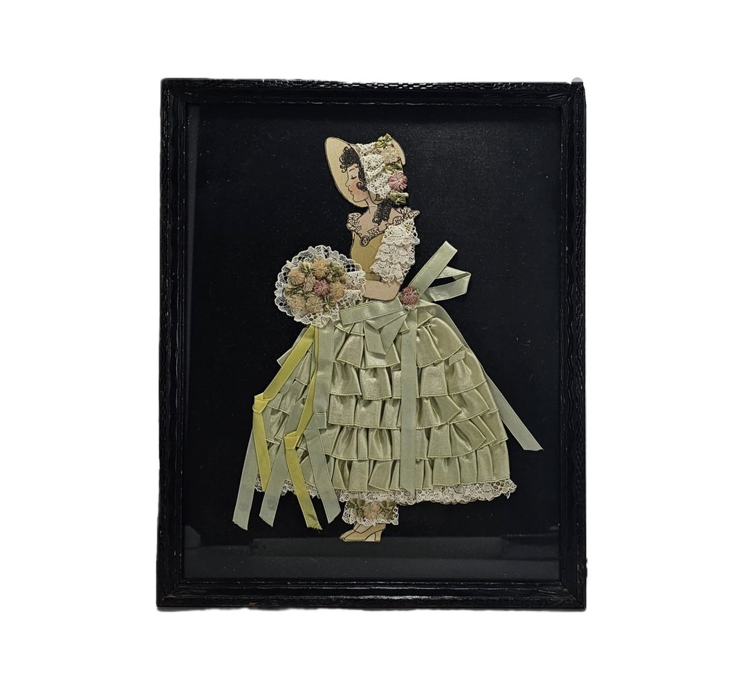 Vintage Art Deco Ribbon Paper Doll Green Silk Lace Lady Embossed Frame ...