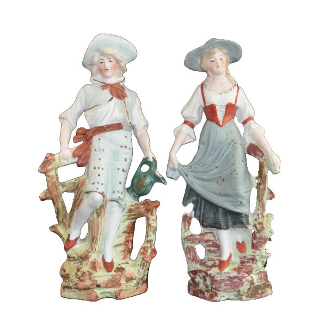 Vintage German Bisque Figurine Set Pastoral Couple on Fence - Etsy