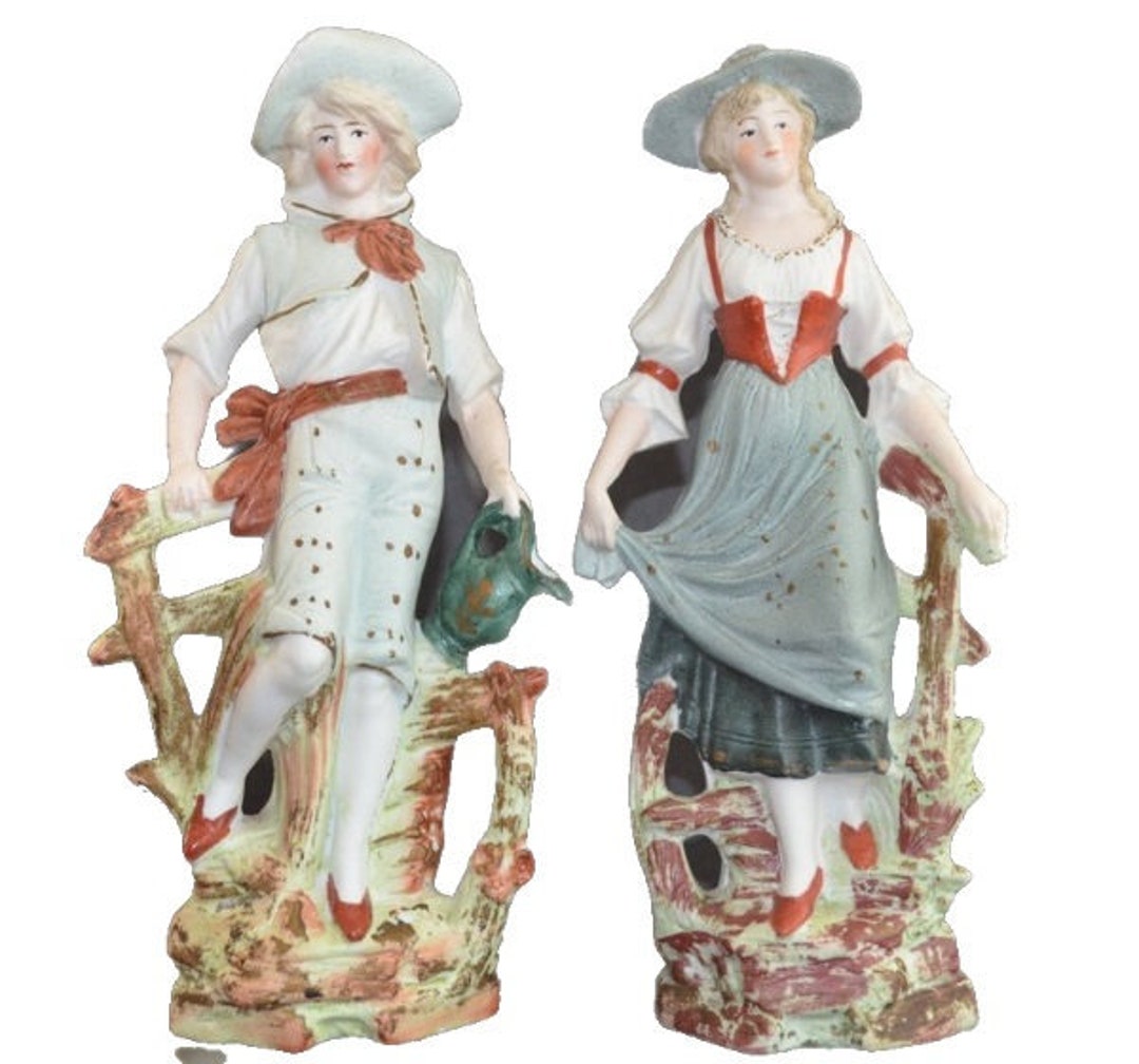 Vintage German Bisque Figurine Set Pastoral Couple on Fence - Etsy