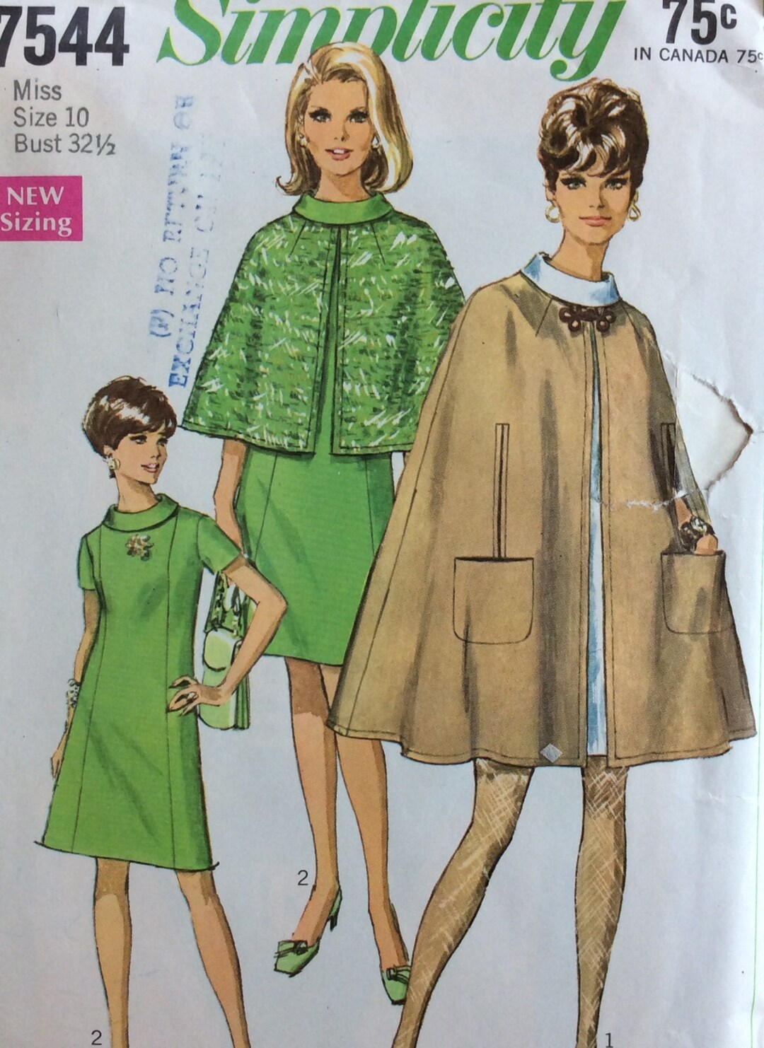 Simplicity 7544, Misses Dress and Cape, Size 10, Bust 32 1/2, Vintage ...