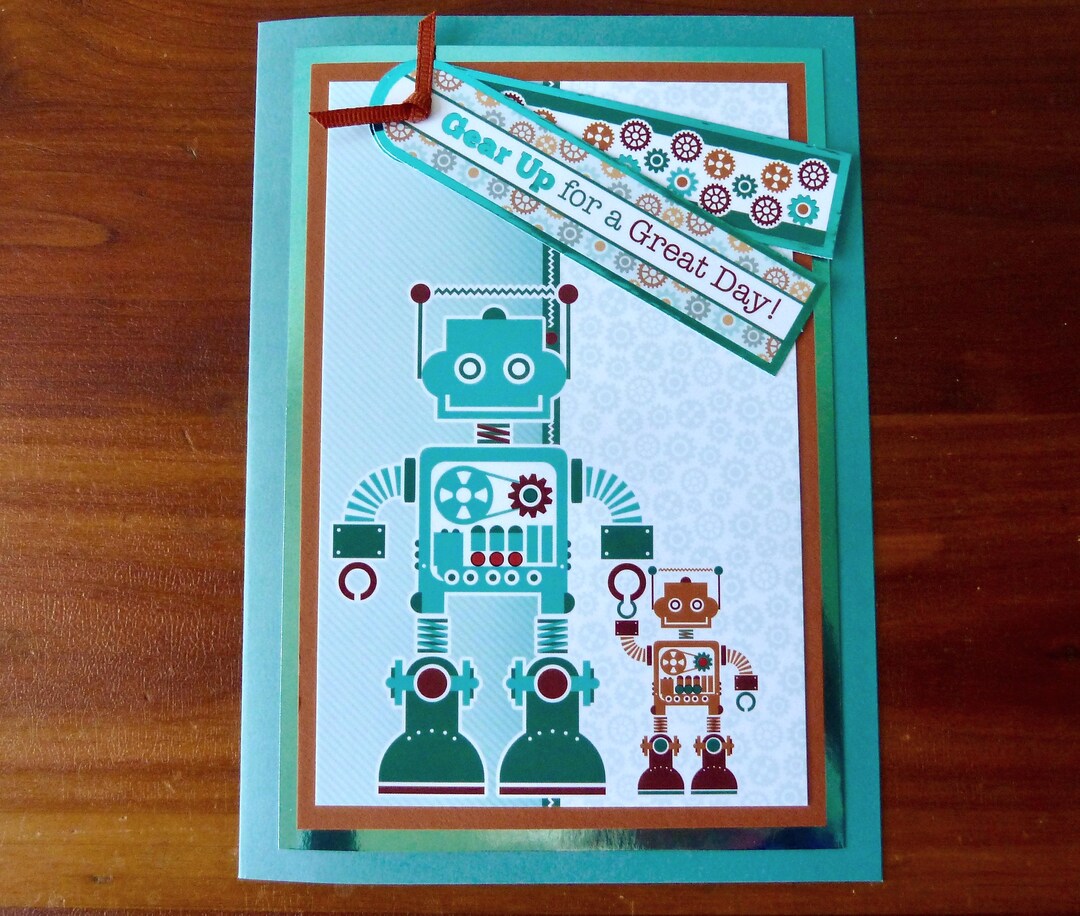 Cute Robot Birthday Card, Handmade 5x7 Fathers Day Greeting Card, Robot ...