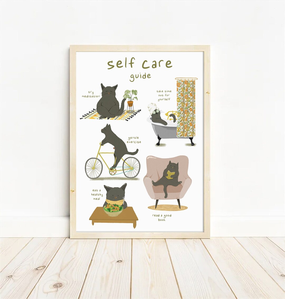 Cat Self Care Guide Print – Mental Health Art - Downstairs Toilet Decor ...
