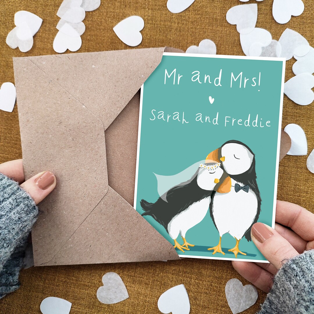 Personalised Puffin Wedding Card – Mr and Mrs - Etsy
