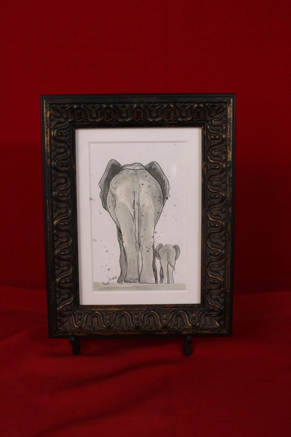 Elephant Pen & Ink Drawing with Watercolor Print Matted | Etsy