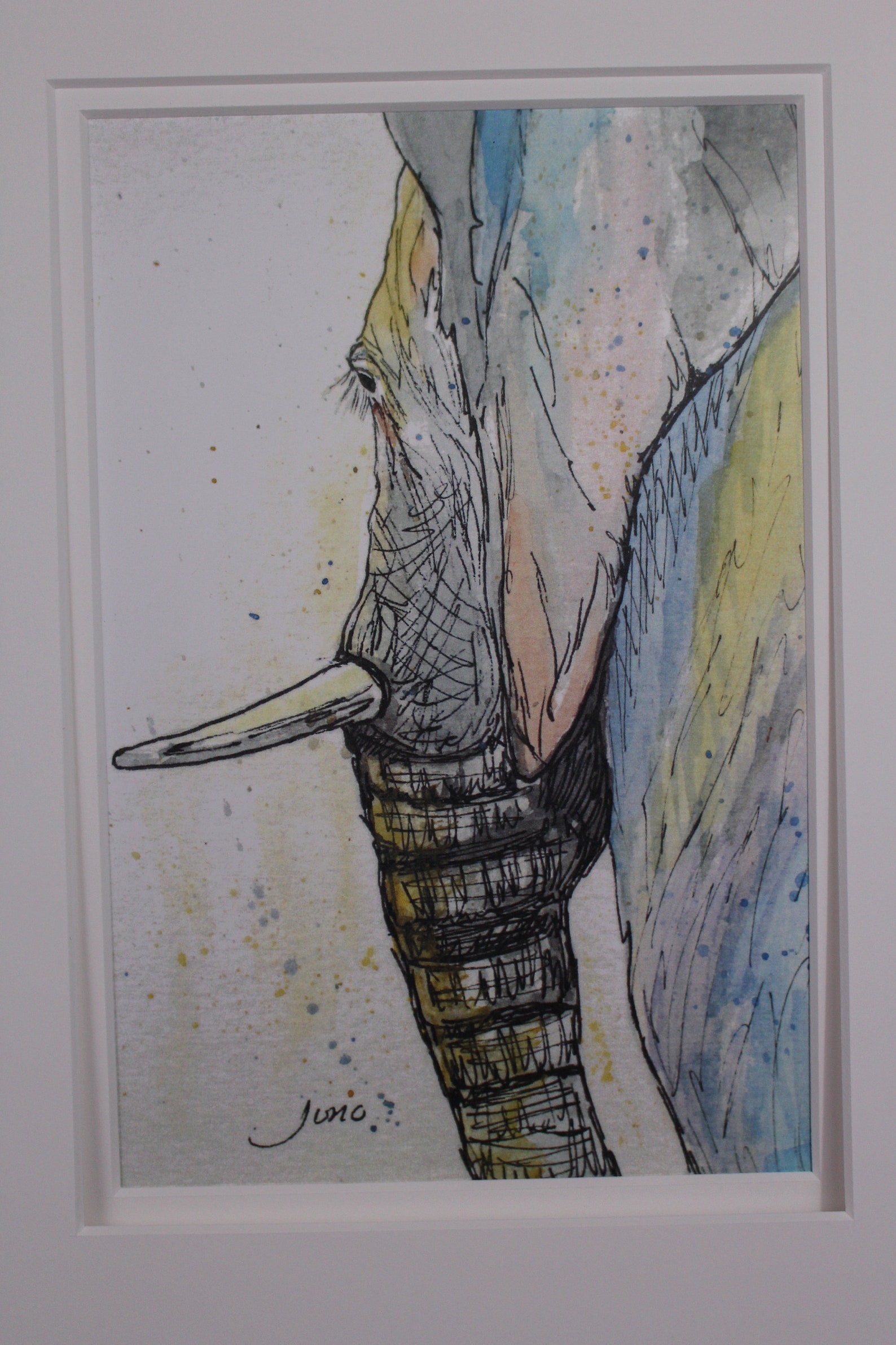Elephant Pen & Ink Drawing With Watercolor Print Matted - Etsy