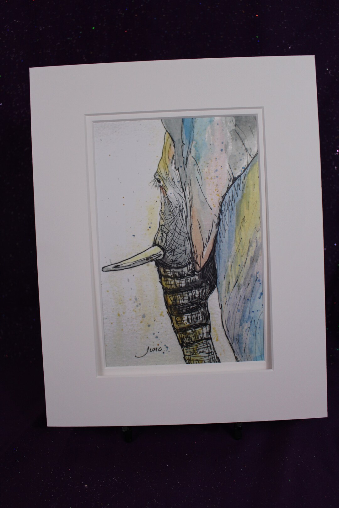 Elephant Pen & Ink Drawing With Watercolor Print, Matted Elephant ...